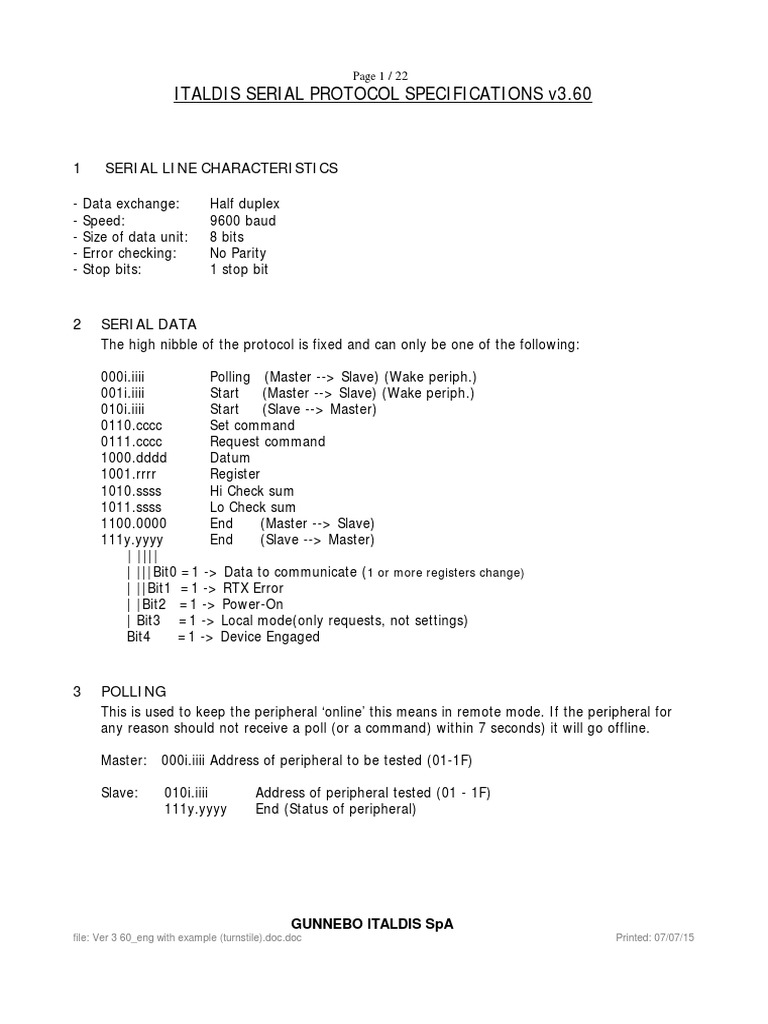 ITALDIS SERIAL PROTOCOL SPECIFICATIONS v3 | PDF