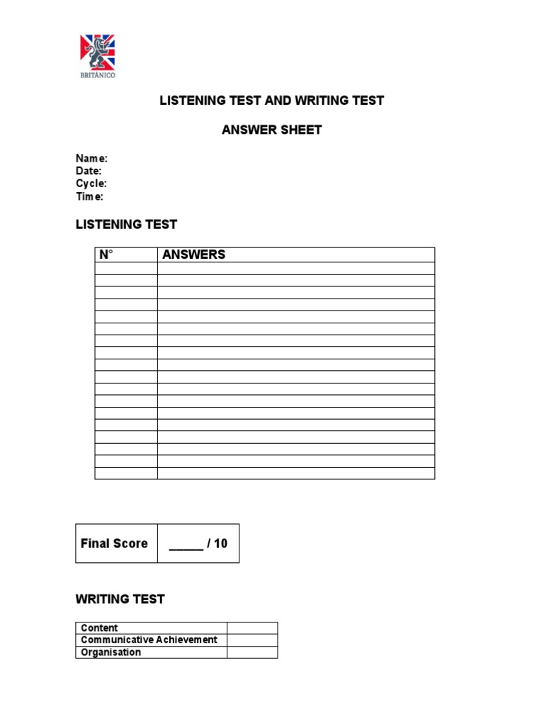 Listening Test and Writing Test Answer Sheet: Name: Date: Cycle: Time | PDF