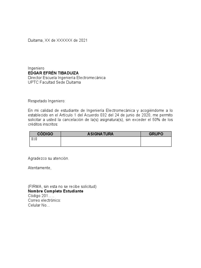 Modelo Carta Cancelación Asignatura | PDF