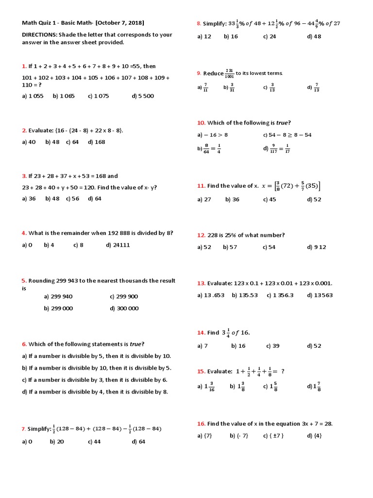 Math Quiz 1 - Basic Math Skills Assessment | PDF | Numbers | Rounding