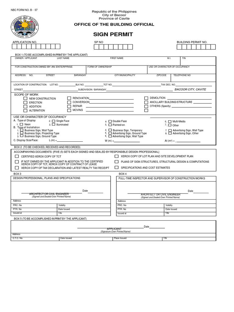 Application for Sign Permit Form from the Office of the Building ...