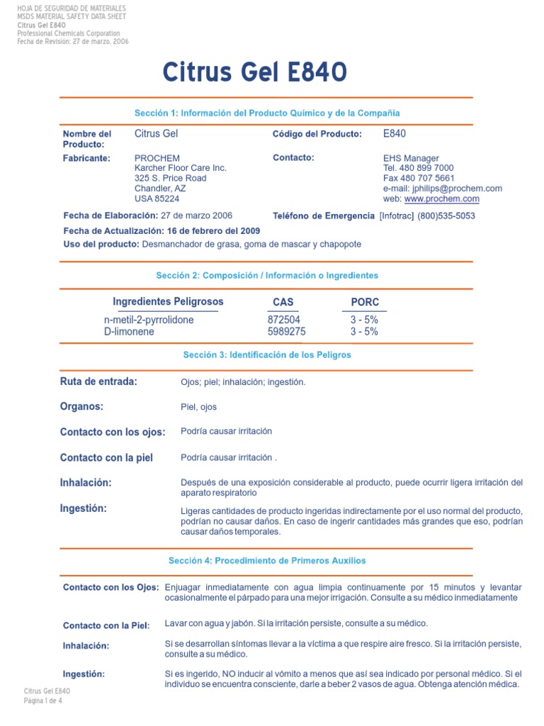 MSDS E840 Citrus Gel | PDF | Química