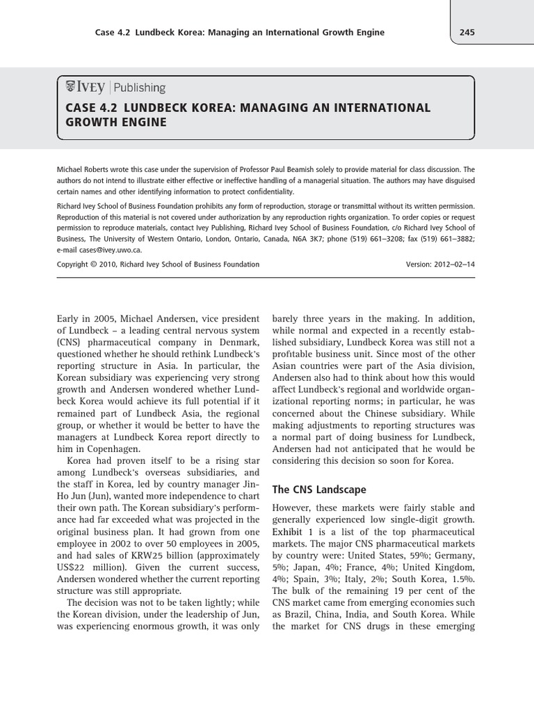Case 4.2 Lundbeck Korea: Managing An International Growth Engine | PDF | Antidepressant ...