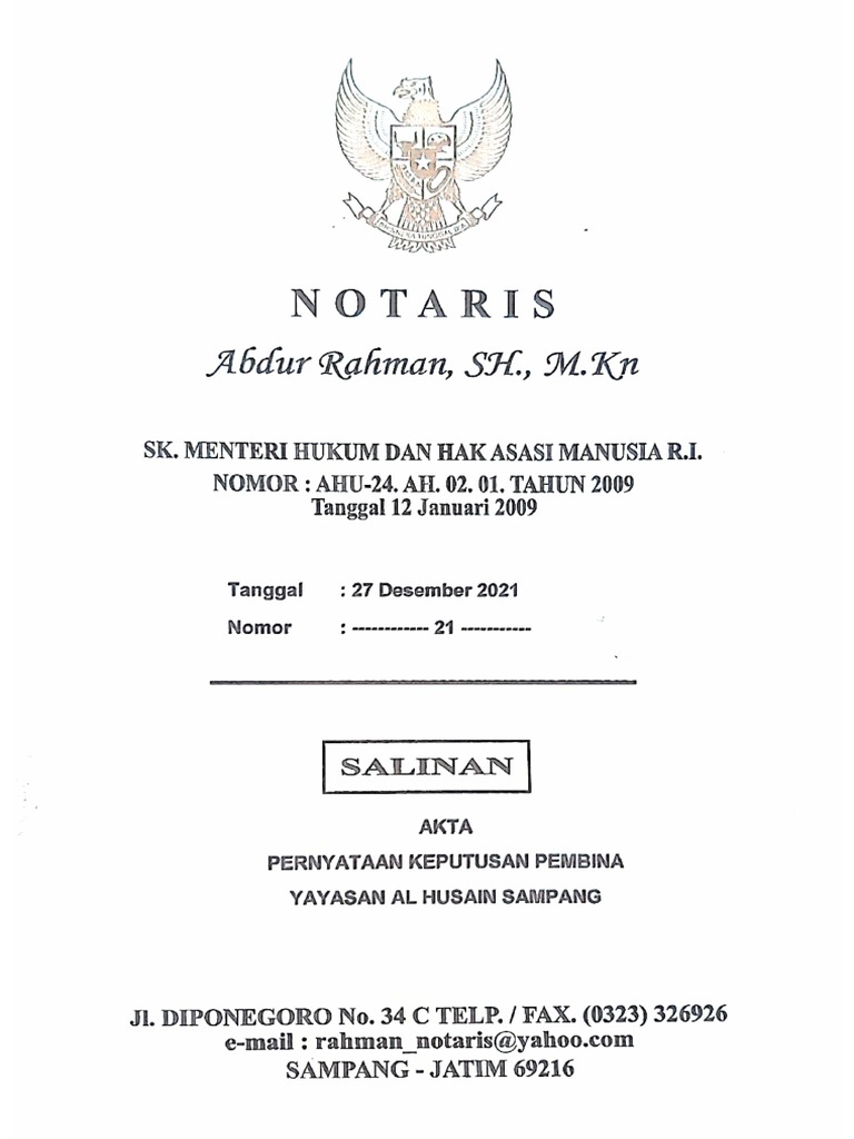 Akte Notaris Yayasan Al Husain Sampang | PDF