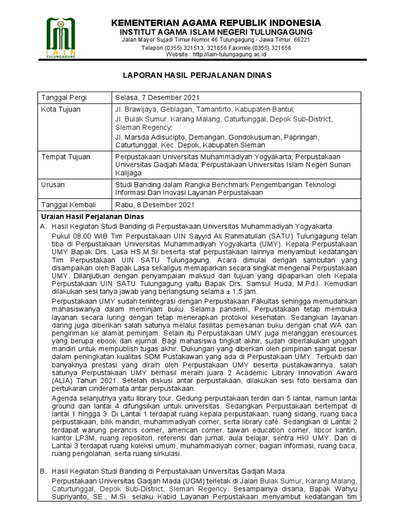 Format Laporan SPD Studi Banding Yogyakarta | PDF