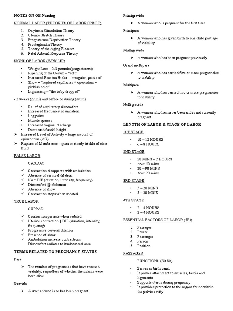 OB Nursing Notes on Labor and Delivery | PDF | Miscarriage | Childbirth