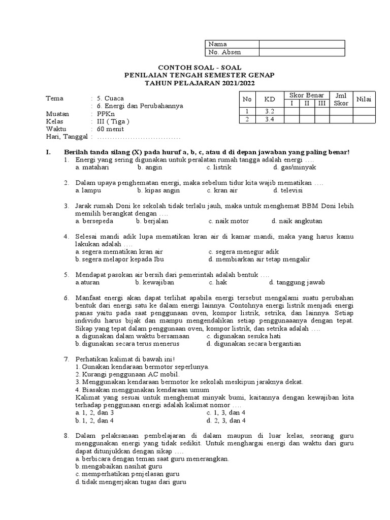 Soal PTS 2 PPKN Kl. 3 | PDF