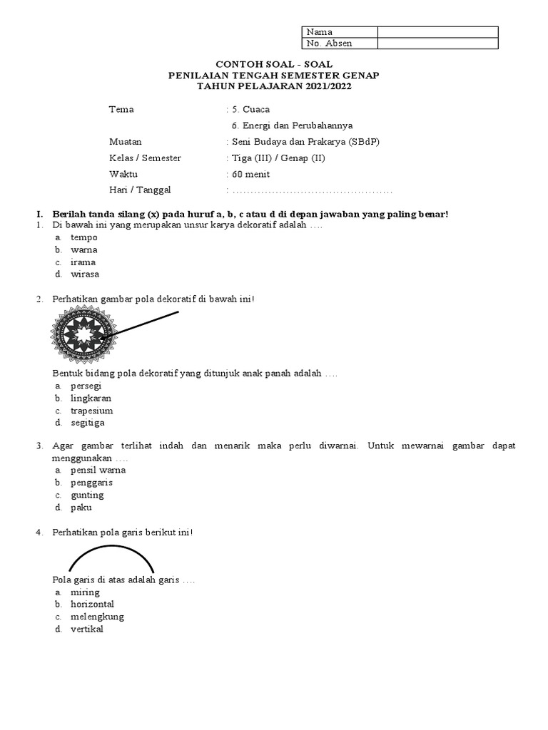 Soal PTS Genap KELAS 3-SBdP | PDF | Metode & Bahan Ajar | Seni