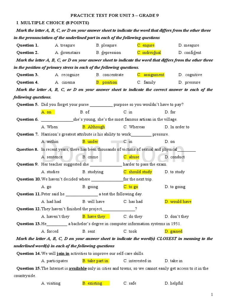 Test For Unit 3 Grade 9 - Test 1 | PDF | Stress (Biology) | Stress ...