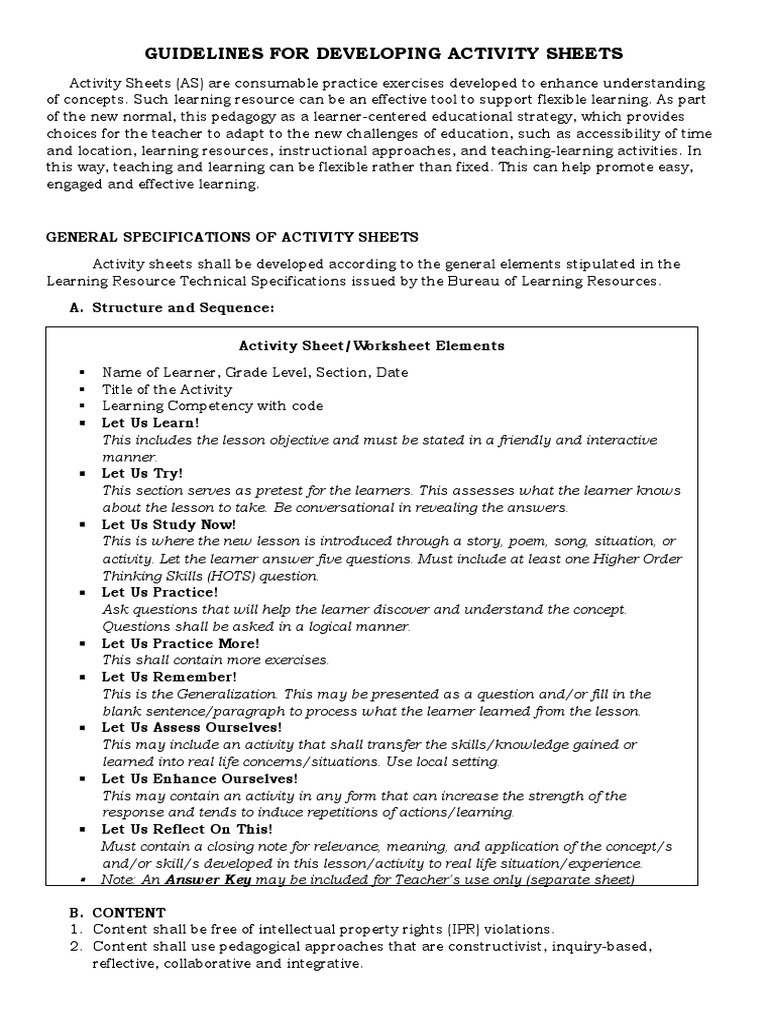 Guidelines For Developing Activity Sheets | PDF | Learning | Psychology