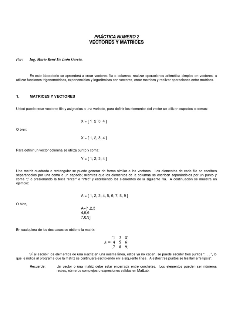 Practica02 VectoresMatrices | PDF | Matriz (Matemáticas) | Vector ...