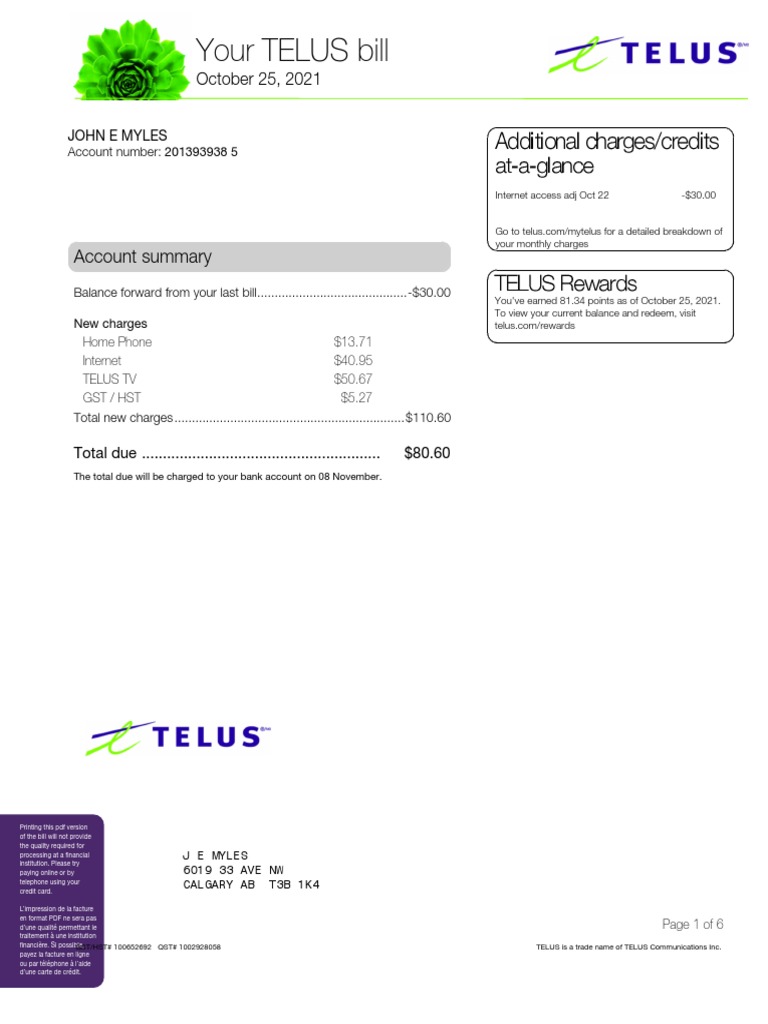 Your TELUS Bill: Account Summary | PDF | Credit Card | Telecommunications