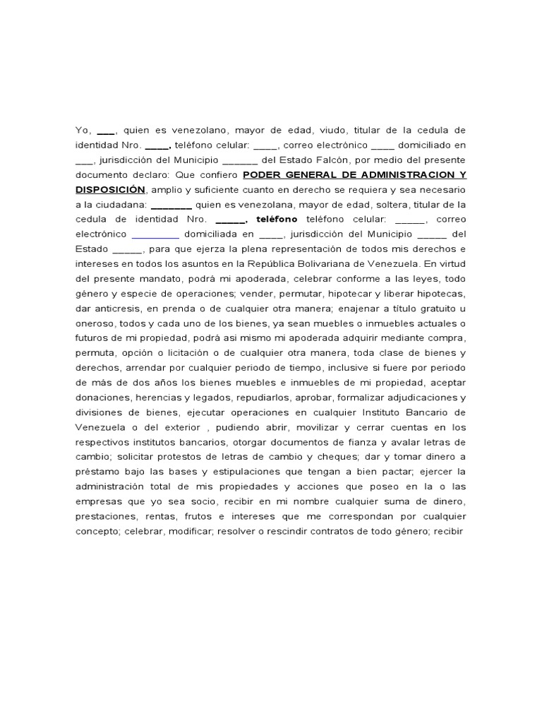 Modelo de Poder General de Administracion y Disposicion | PDF ...