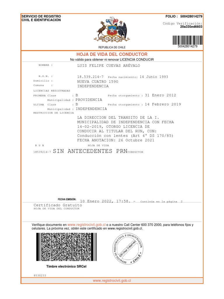 Certificado Hoja Conductor | PDF | Derecho