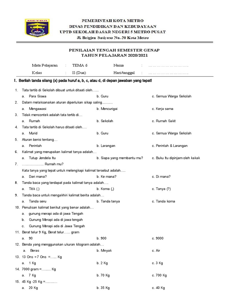 Soal Mid Semester Genap Tema 6 2020-2021 | PDF