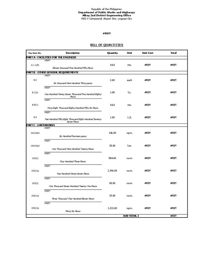 Bill of Quantities: Description Quantity Unit Unit Cost Total Part A ...