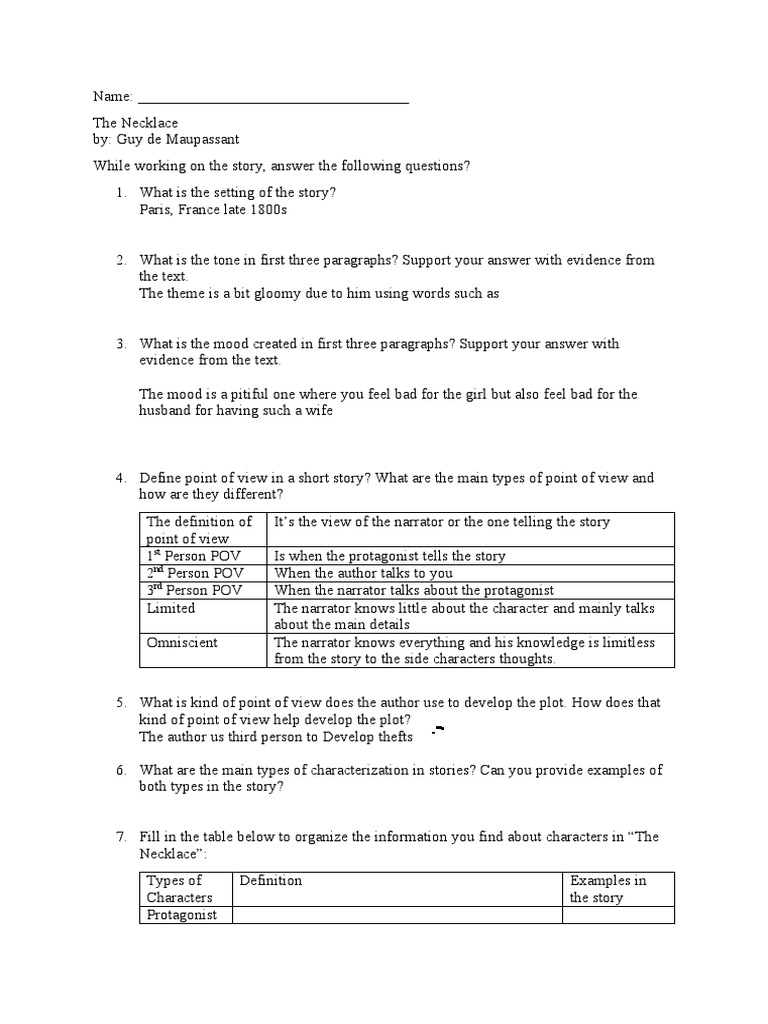 Class Worksheet - The Necklace | Download Free PDF | Narration | Plot ...