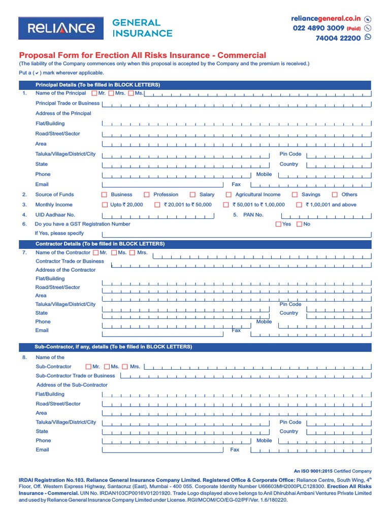 Proposal Form For Erection All Risks Insurance - Commercial: Principal ...