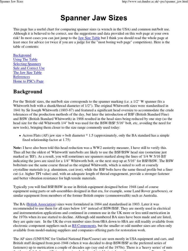 Spanner Jaw Sizes | PDF | Screw | Nut (Hardware)