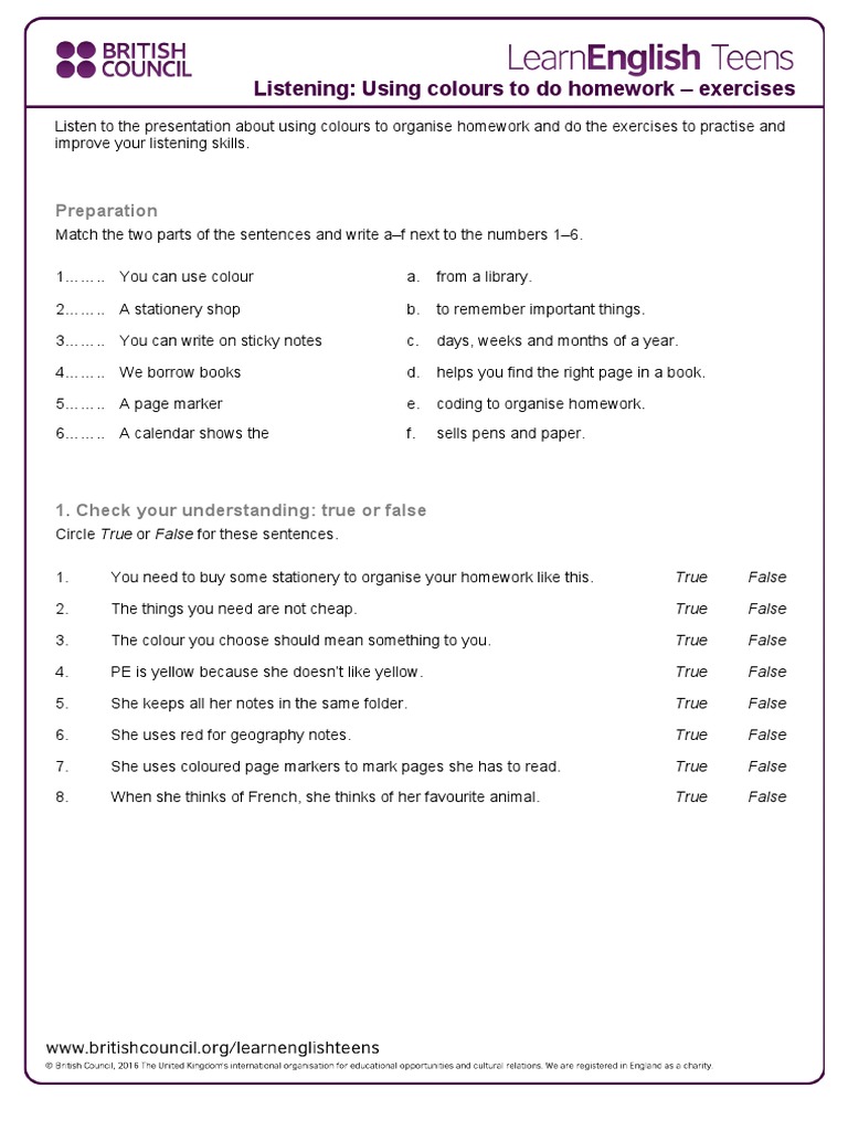 Listening: Using Colours To Do Homework - Exercises: Preparation | PDF ...