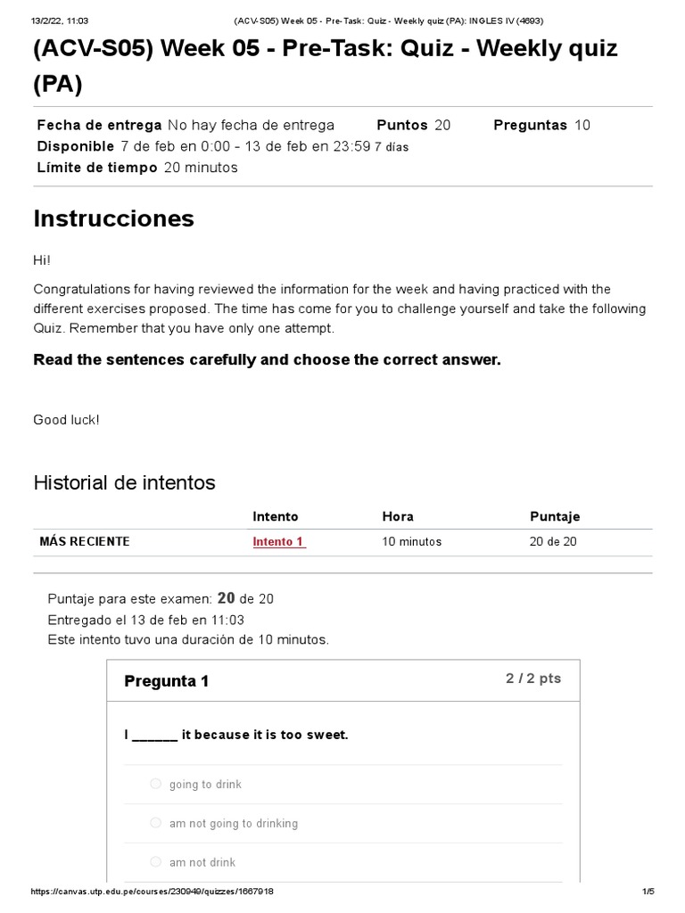 (ACV-S05) Week 05 - Pre-Task - Quiz - Weekly Quiz (PA) - INGLES IV (4693) | PDF