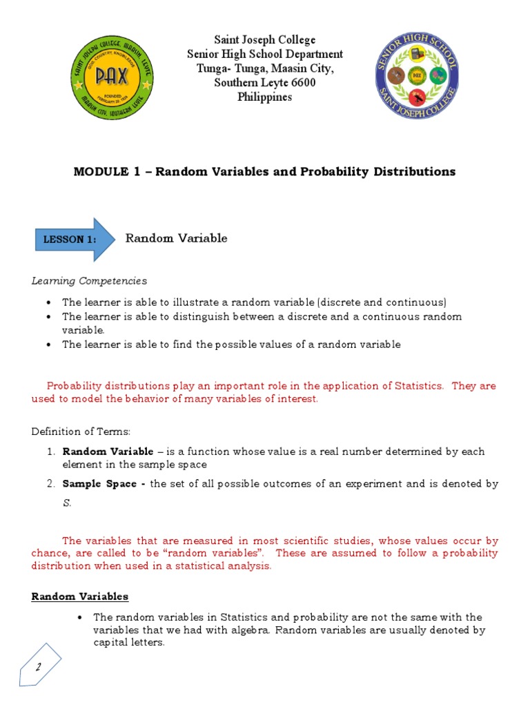 MODULE 1 - Random Variables and Probability Distributions | PDF | Probability Distribution ...