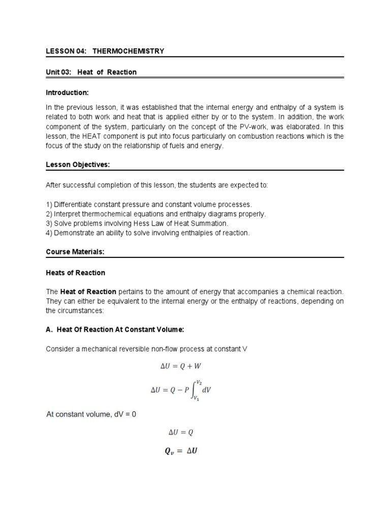Lesson4 - Unit3 - Heat of Reaction | PDF | Enthalpy | Chemical Reactions
