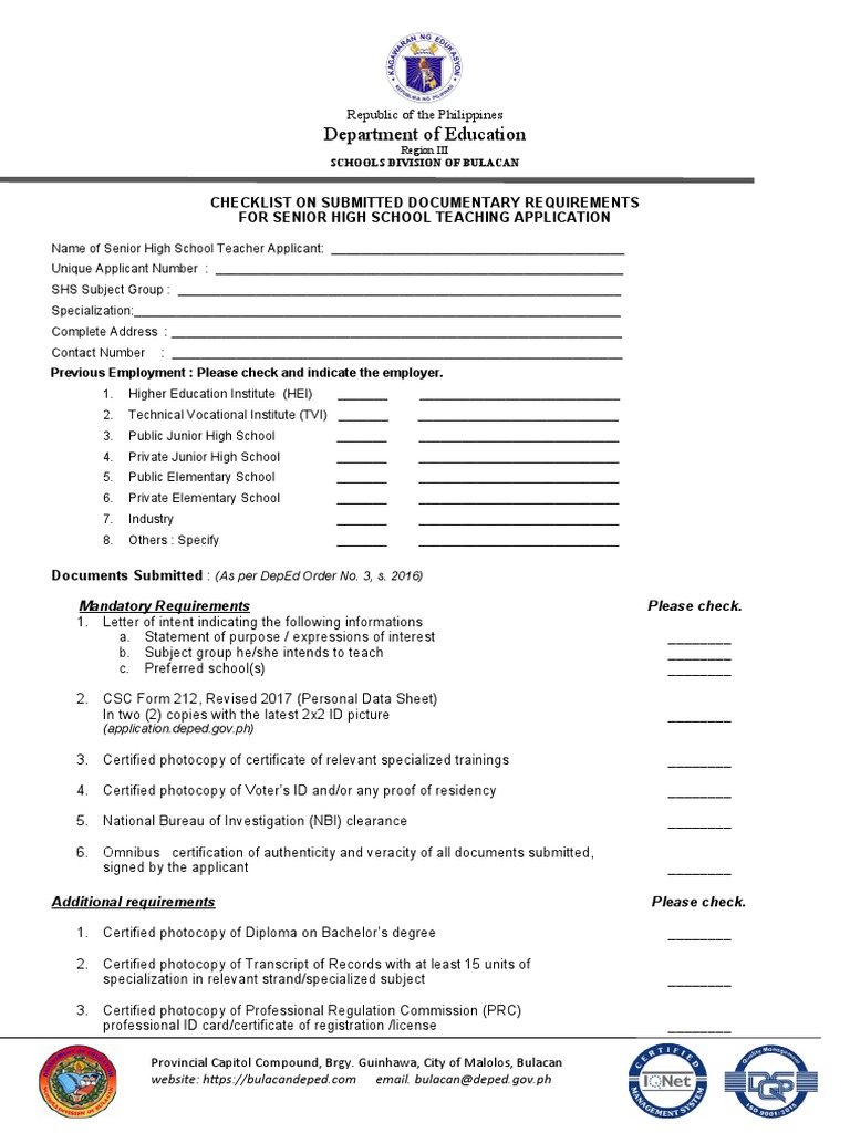 Checklist Of Requirements For Shs Teaching Application Pdf