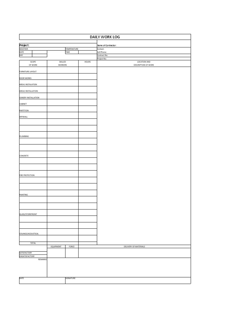 Work Log Sheet Template