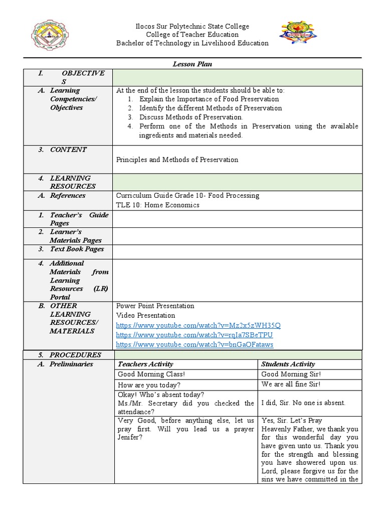 Food Preservation Lesson Plan Guide | PDF | Curing (Food Preservation ...