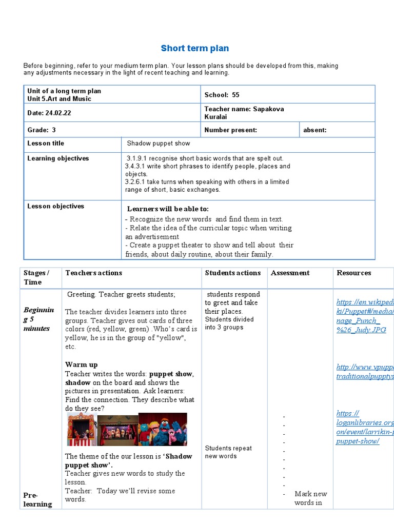 Short Term Plan: Learners Will Be Able To | PDF | Teachers | Learning