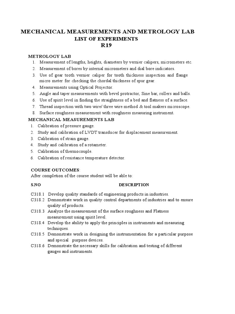 R19 MM&M LAB LIST OF EXPERIMENTS and COs | PDF