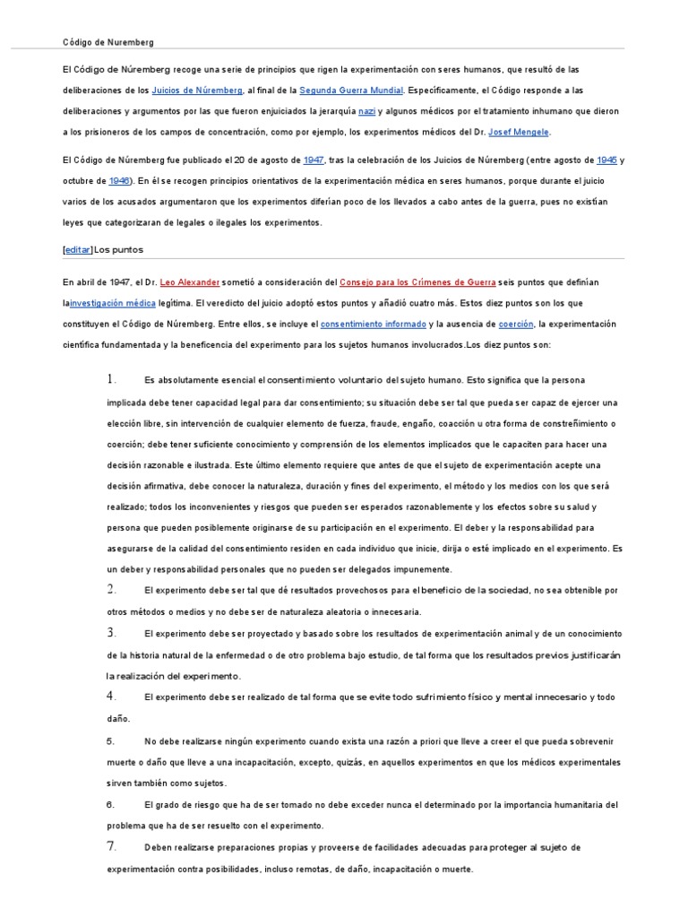 Principios del Código de Núremberg | PDF | Salud y bienestar | Medicina