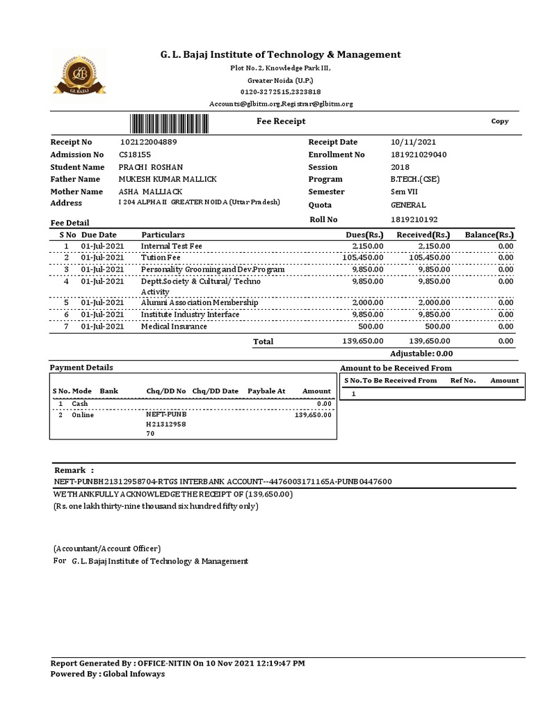 Final Year Fee Receipt | PDF | Money | Service Industries