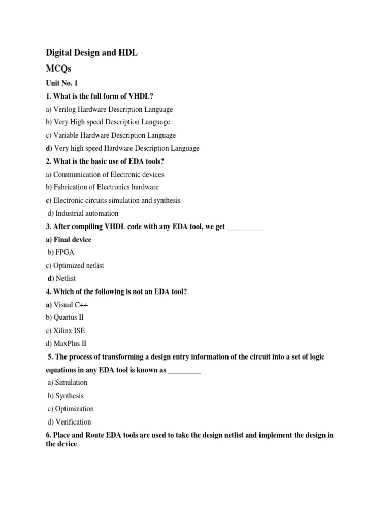 Digital Design and HDL Unit 1 MCQ | PDF | Hardware Description Language ...