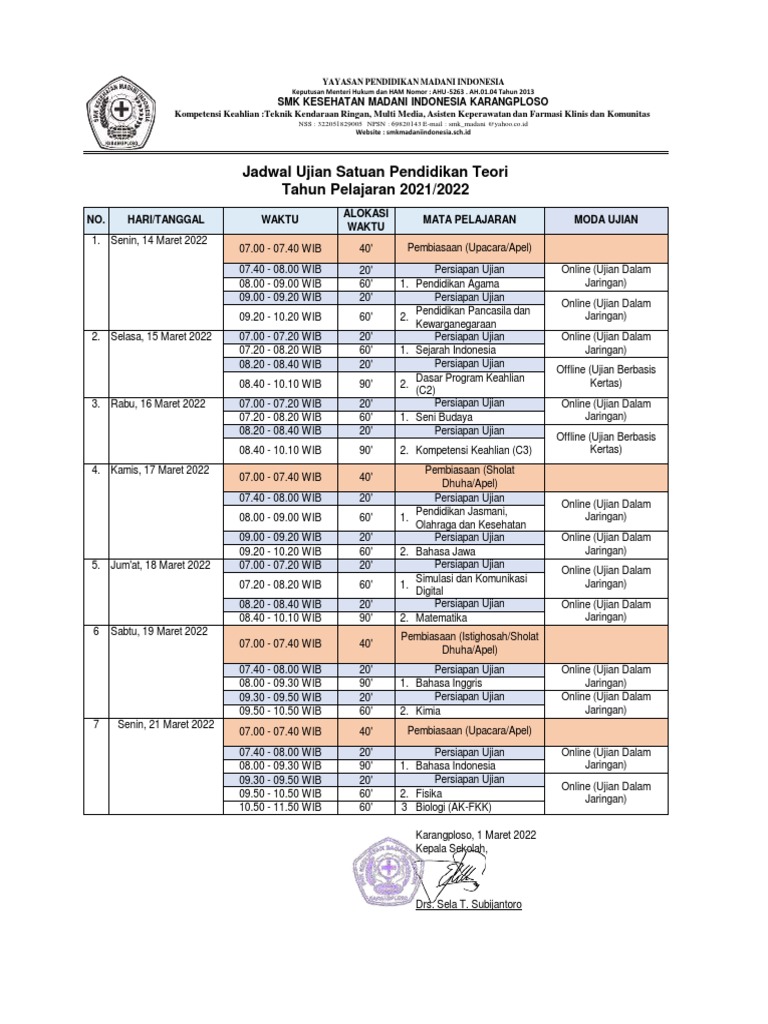 Jadwal Usp SMK Kesehatan Madani Indonesia Karangploso | PDF