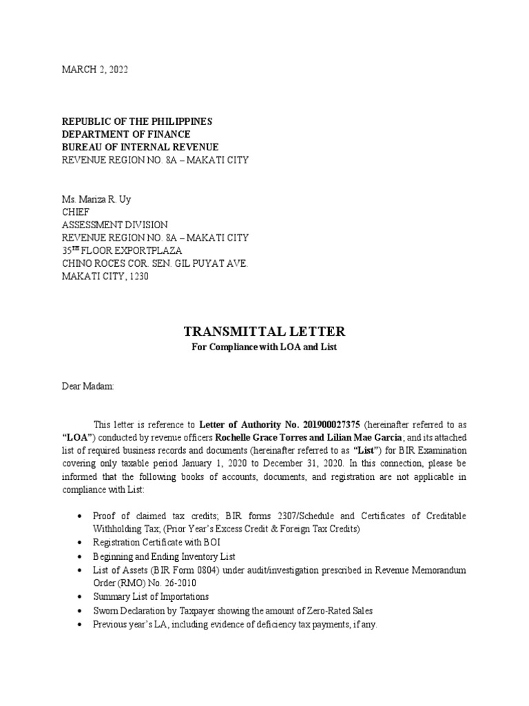 Transmittal Letter: Republic of The Philippines Department of Finance ...