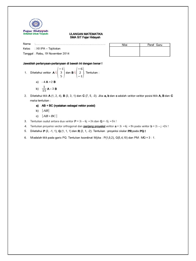 Ulangan Matematika XII IPA Vektor New | PDF | Metode & Bahan Ajar