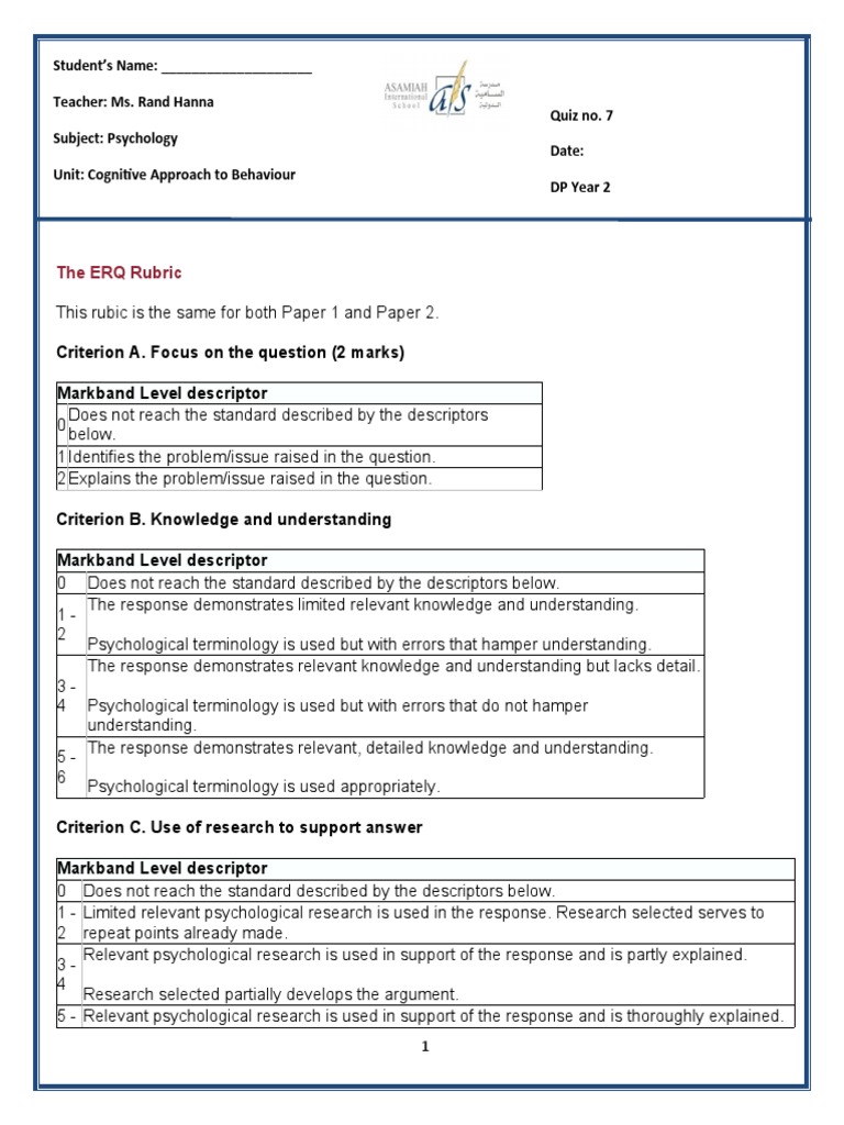 Schema Theory Quiz ERQ | PDF | Rubric (Academic) | Cognition