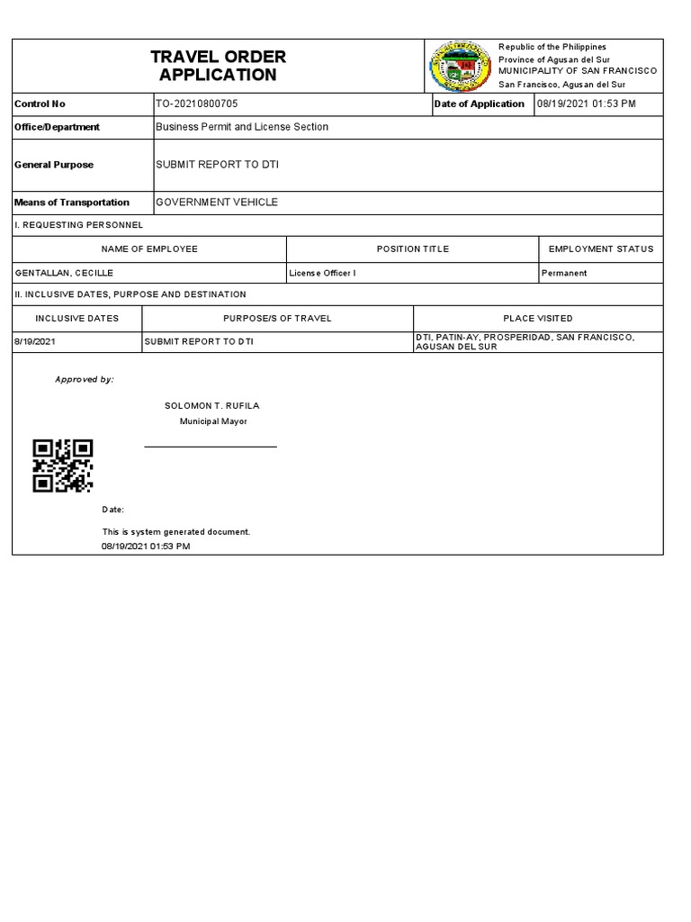 RPT Travel Order | PDF