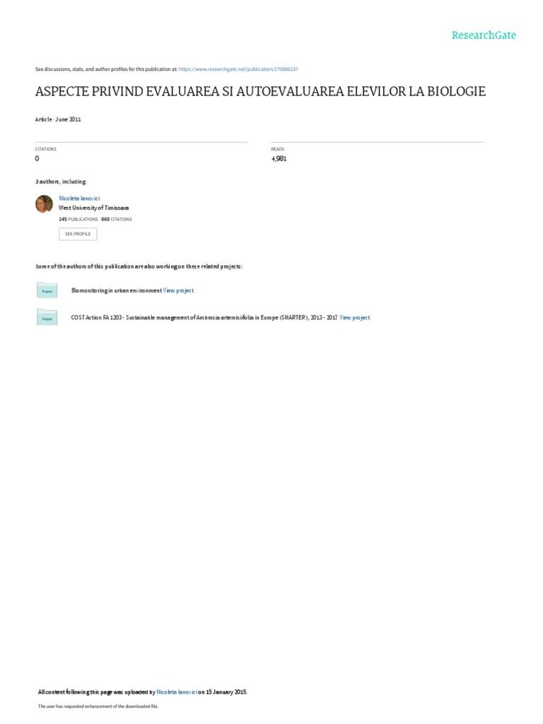 Aspecte Privind Evaluarea Si Autoevaluarea Elevilor La Biologie | PDF ...