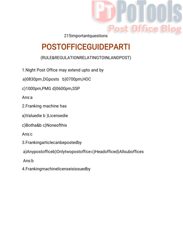 Post Office Guide - Part 1 - Question and Answers | PDF