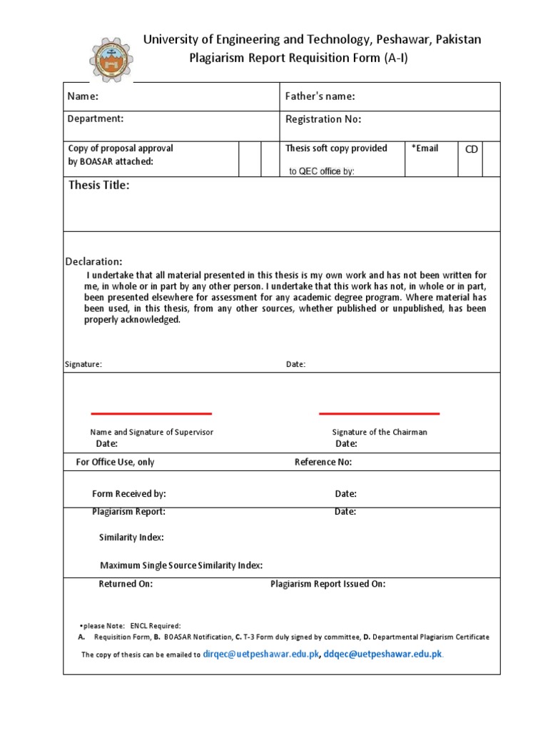 Plagiarism Report Form (A-I) | PDF