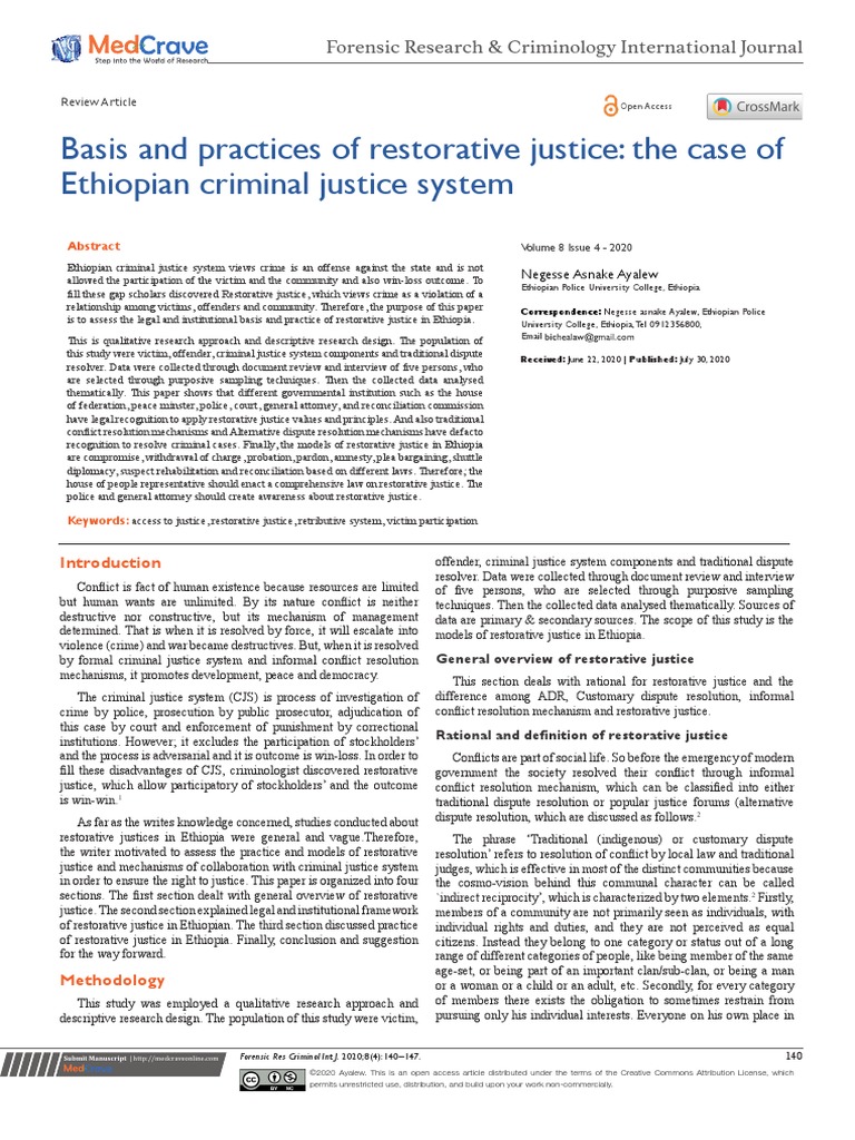 Basis and Practices of Restorative Justice: The Case of Ethiopian Criminal Justice System | PDF ...