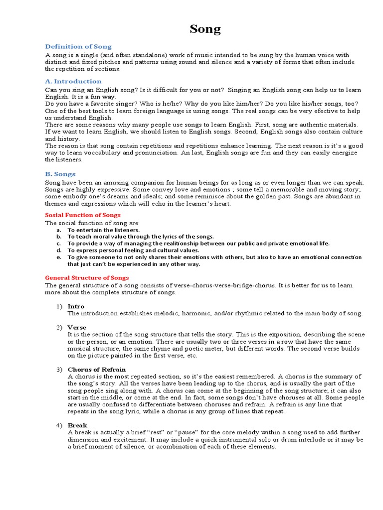 Definition of Song: Sosial Function of Songs | PDF | Song Structure ...
