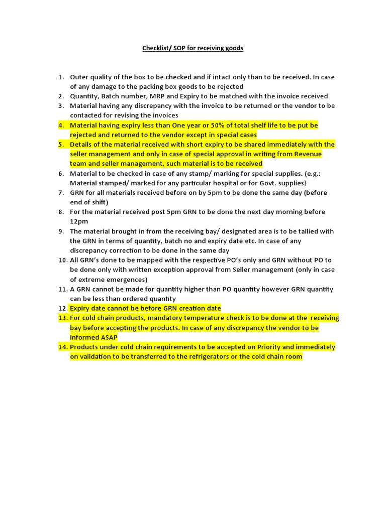 Receiving goods checklist SOP | PDF