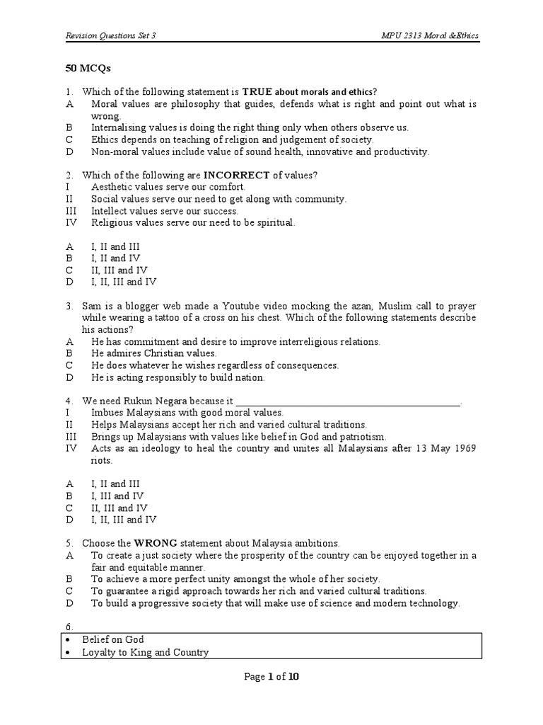 MPU 2313 Revision Questions MCQ Set 3 (Q) | PDF | Morality | Argument