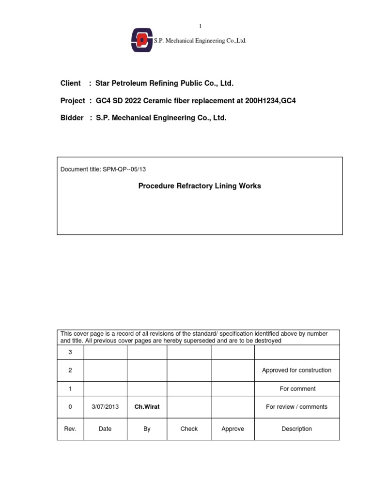 Refractory Lining Installation Procedure | PDF | Refractory | Personal ...