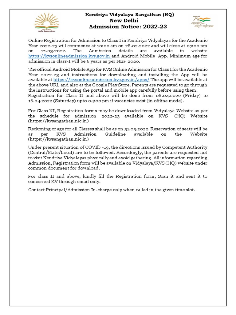 KVS Admission Notice 2022-23 For Regions | PDF