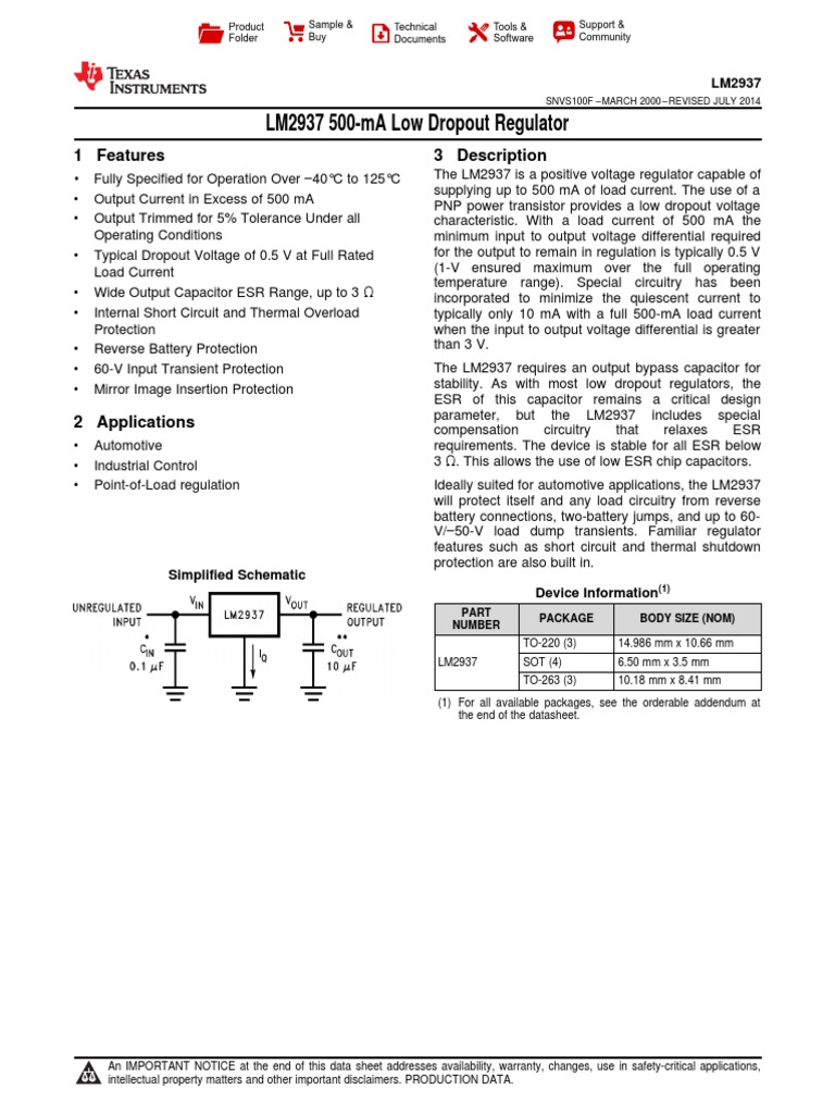 LM2937 500-Ma Low Dropout Regulator: 1 Features 3 Description | Download Free PDF | Capacitor ...